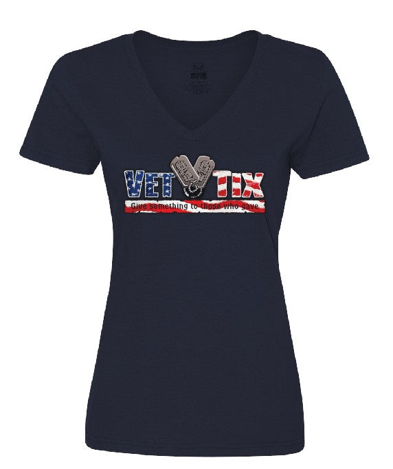Women's Vet Tix FLAG Logo Navy Blue V-Neck Shirt - NO BRANCH – Vet-Tix ...